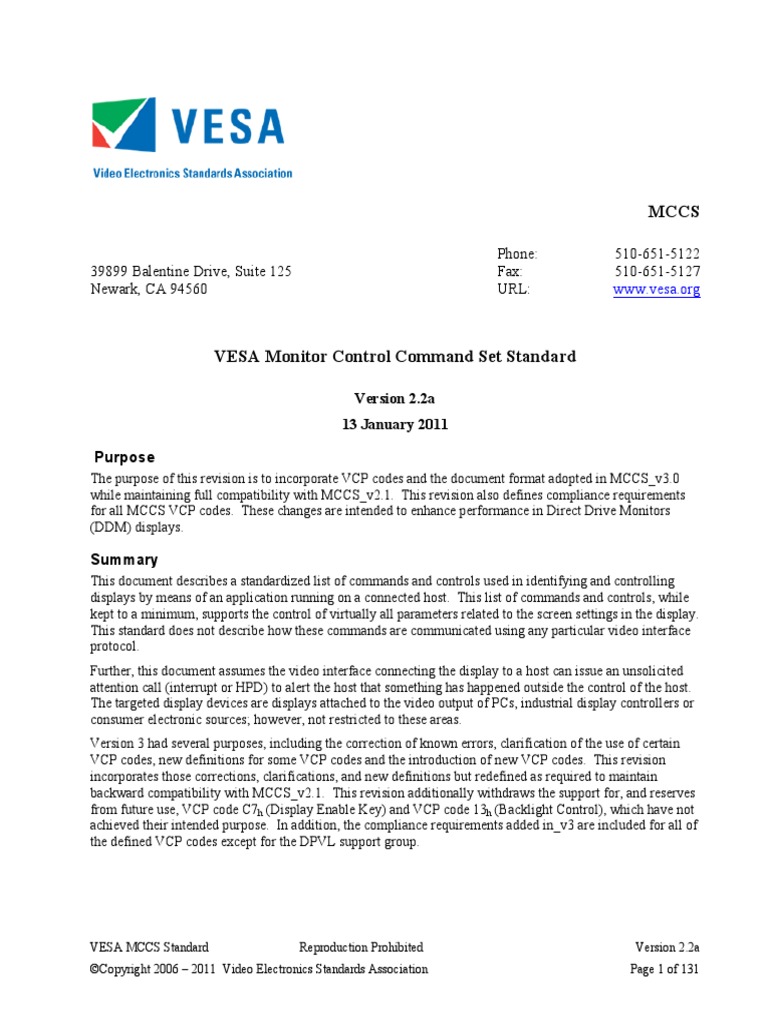 Vesa Monitor Control Command Set Standard Vesa Mccs Standard | PDF ...
