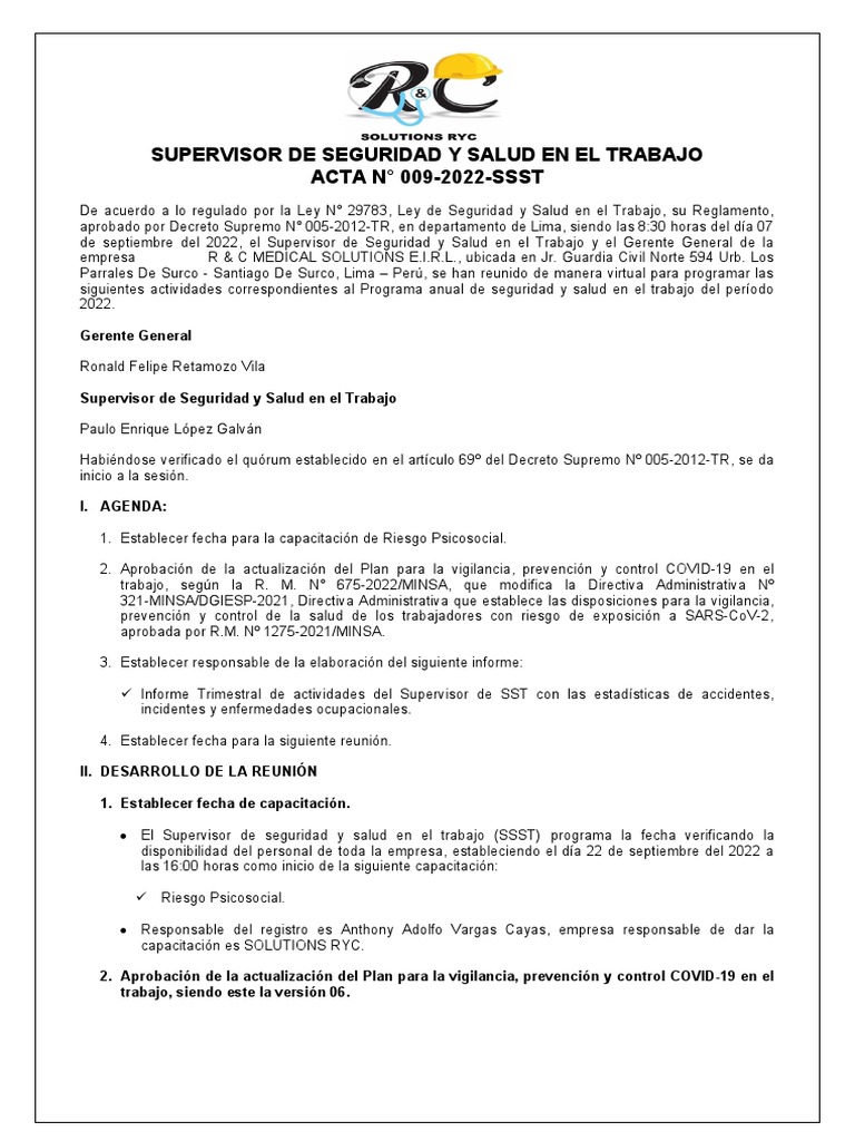 ACTA N°009-2022 Supervisor SST | PDF
