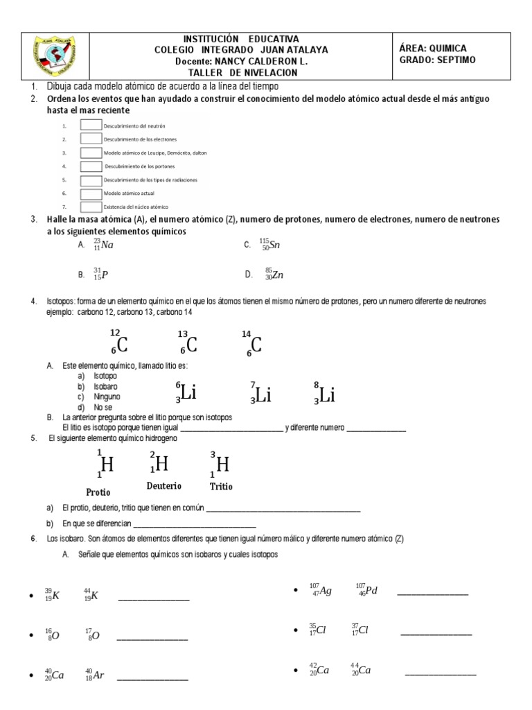 Taller De Nivelacion Quimica 7 Pdf Isótopo Elementos Químicos