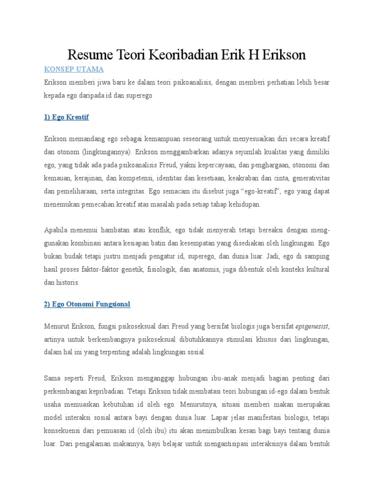 Resume Teori Keoribadian Erik H Erikson: Konsep Utama | PDF