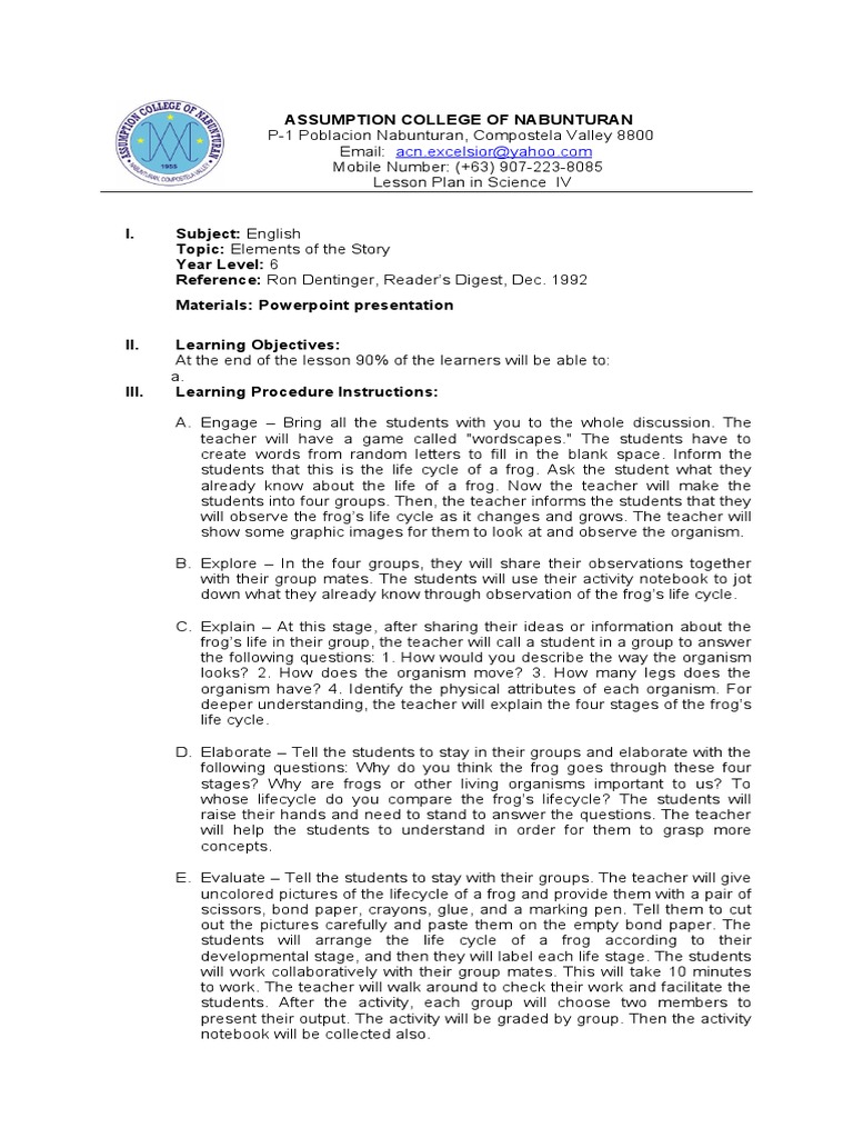 Assumption College of Nabunturan Lesson Plan in Science IV | PDF ...