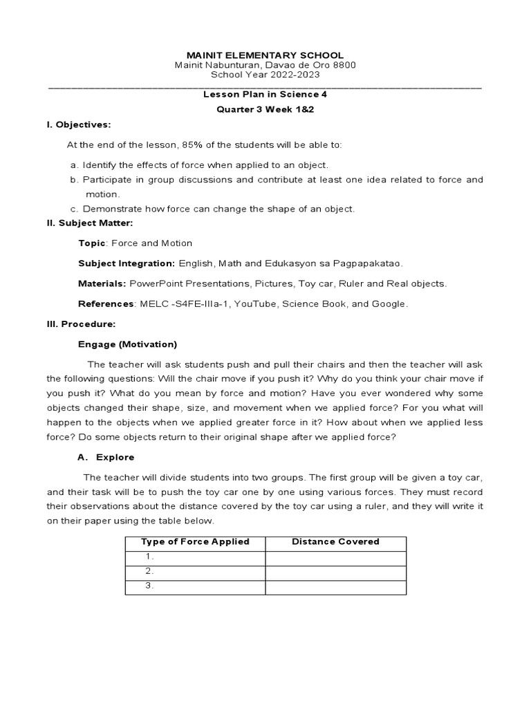 Science 4 Lesson Plan: Force and Motion | PDF | Force | Teachers