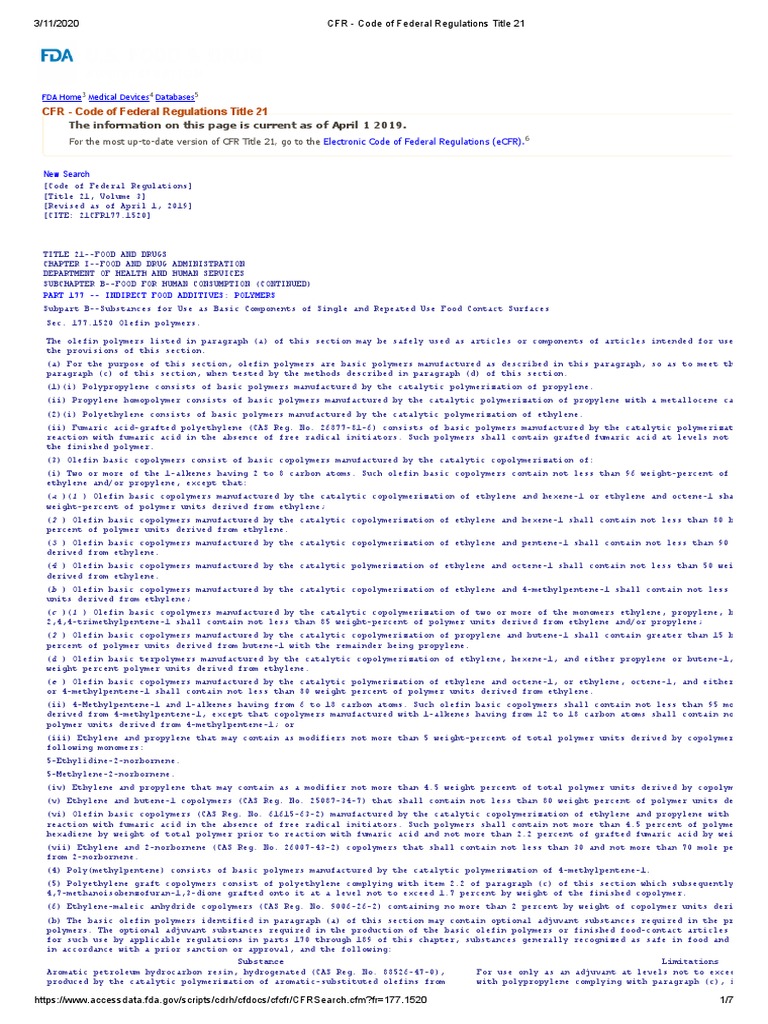 FDA CFR 21: Olefin Polymers Regulations | PDF | Copolymer | Polymers