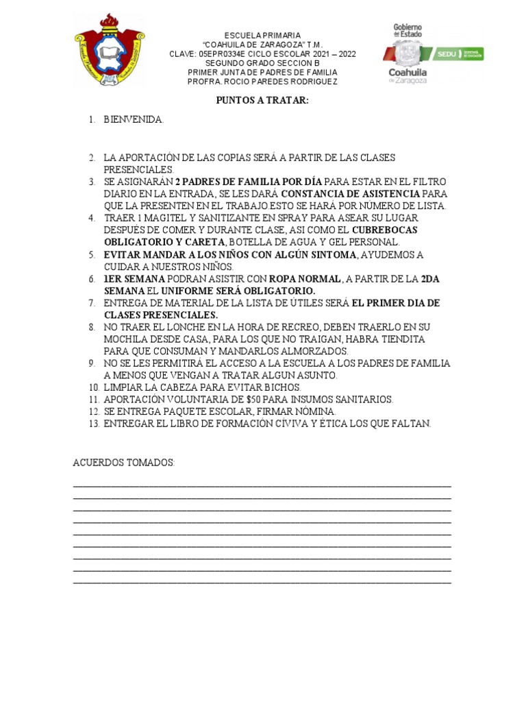 Primer Junta Con Padres de Familia Puntos A Tratar | PDF