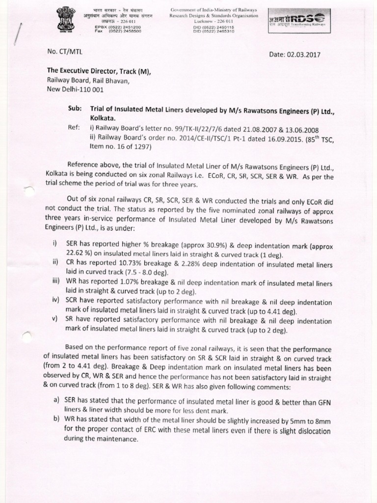 RDSO ED Track Liner Letter 02.03.2017 | PDF