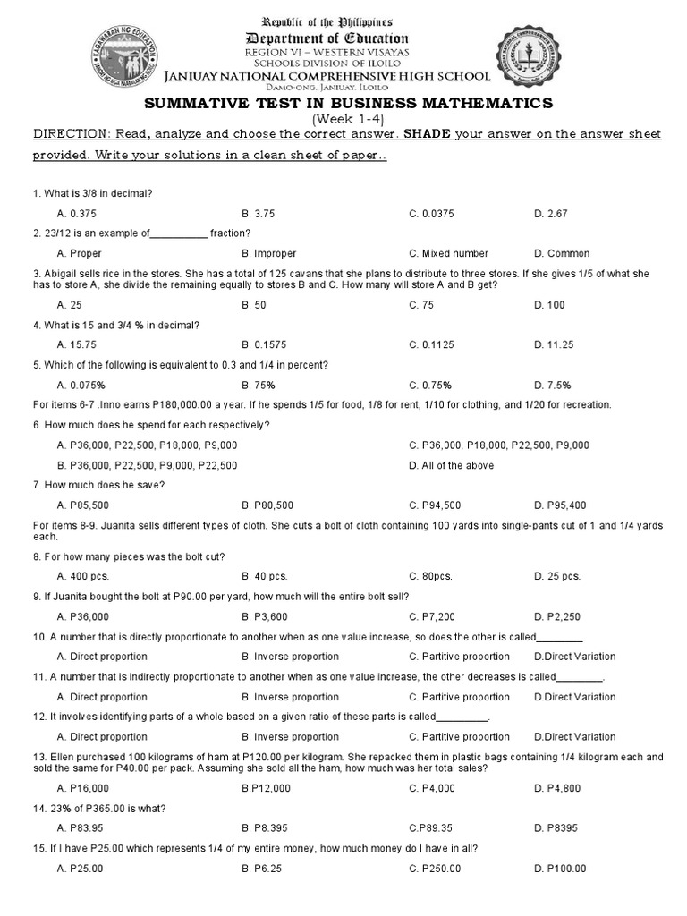 Summative Test in Business Mathematics: (Week 1-4) | PDF | Mathematical ...
