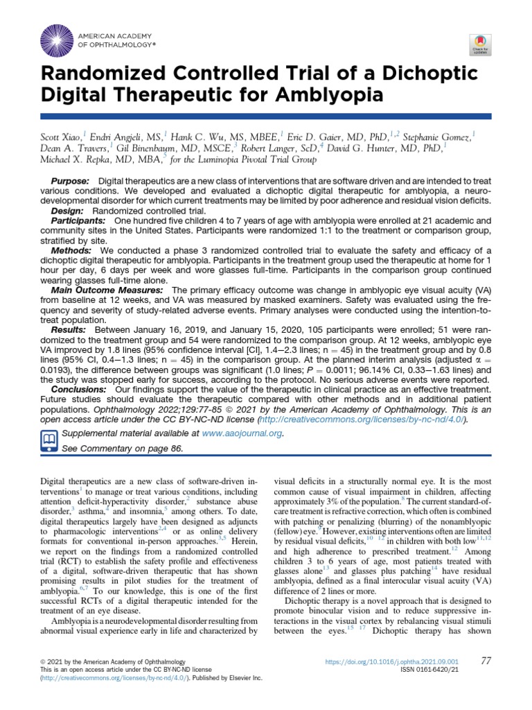 Dichoptic Digital Therapy for Amblyopia | PDF | Vision | Clinical Medicine