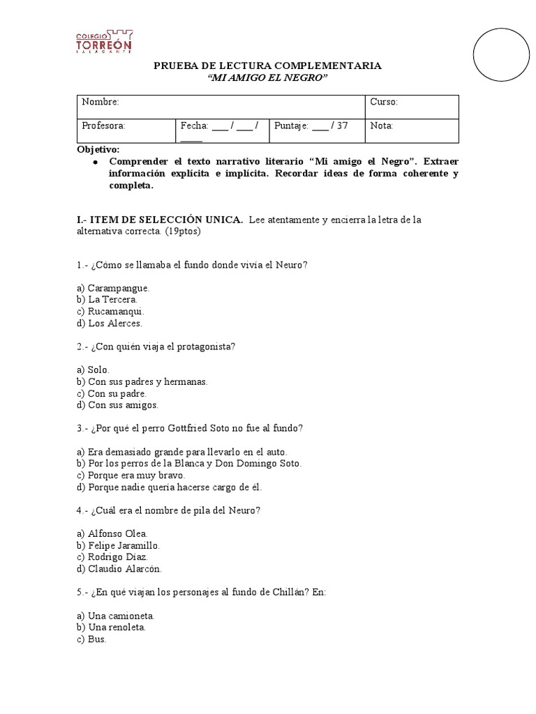 Prueba de Lectura: Mi Amigo el Negro | PDF