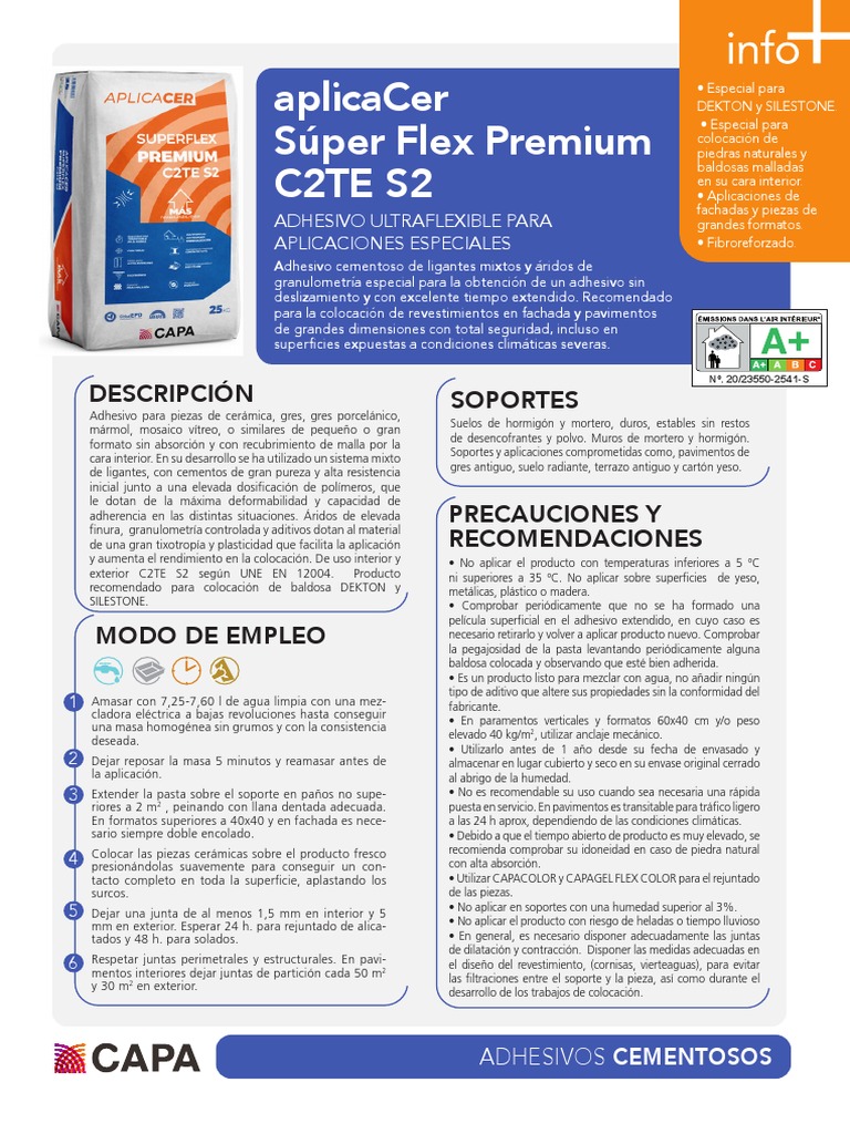 FT APLICACER SUPER FLEX PREMIUM C2TE S2 - Rev Octubre 2021 | PDF | Hormigón | Loseta