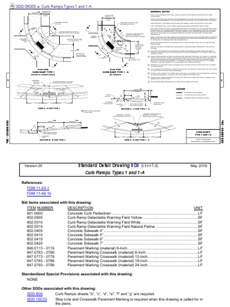 SDD 08d05-A: Curb Ramps Types 1 and 1-A: General Notes | PDF | Sidewalk ...
