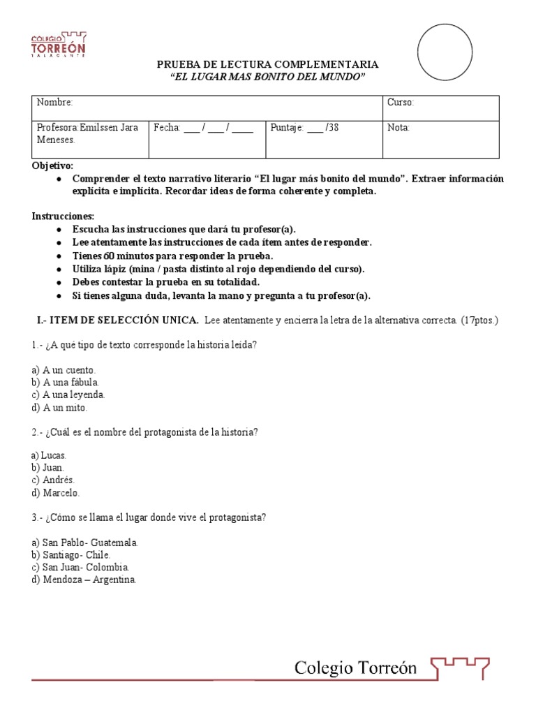 "El Lugar Mas Bonito Del Mundo": Prueba de Lectura Complementaria | PDF