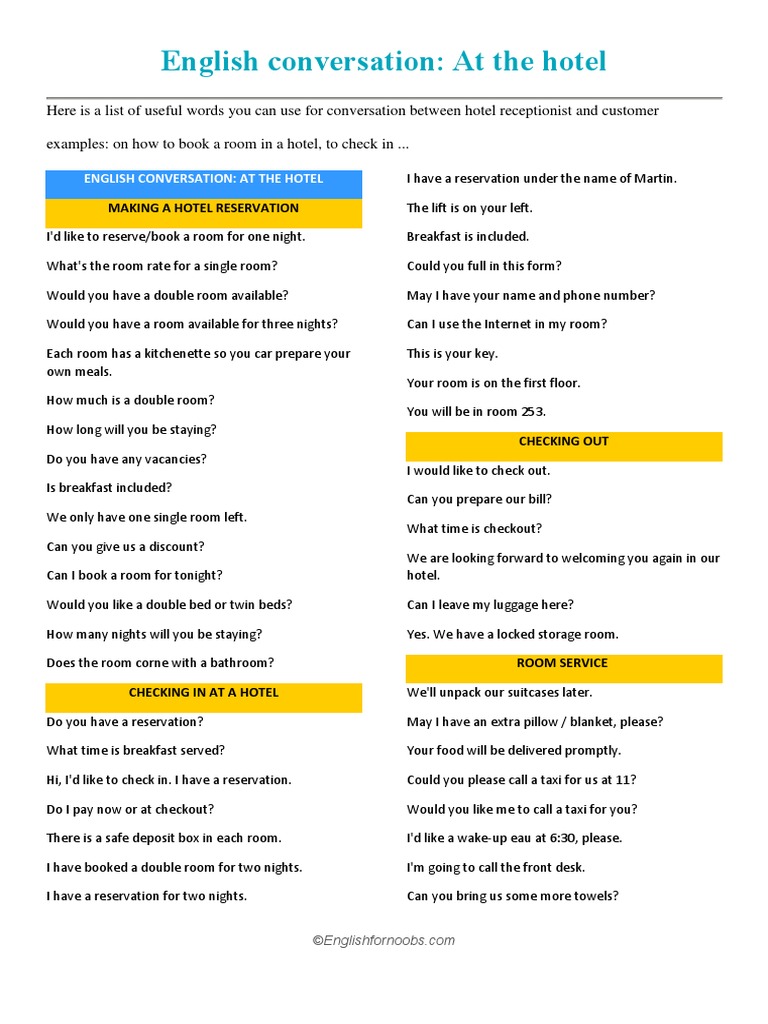 English Conversation at The Hotel | PDF | Campsite