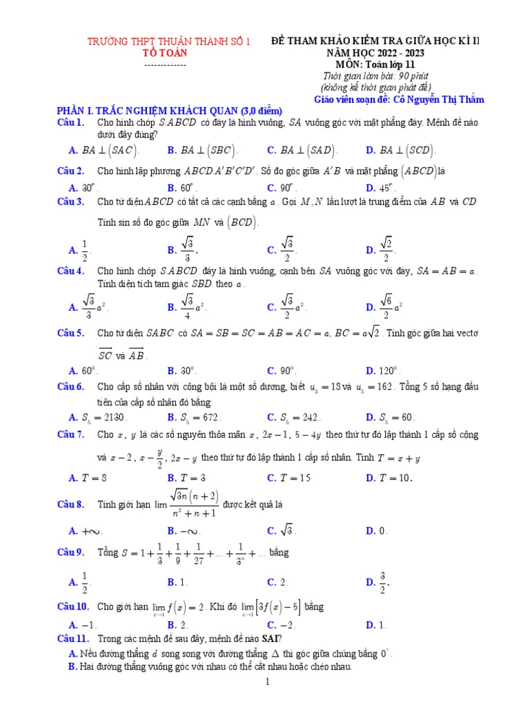 De Tham Khao Giua Ki 2 Toan 11 Nam 2022 2023 THPT Thuan Thanh 1 Bac Ninh | PDF