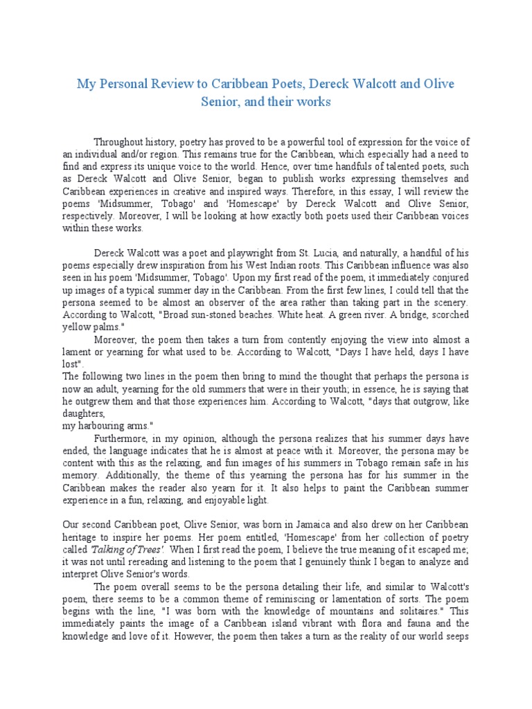 My Personal Review To Caribbean Poets, Dereck Walcott and Olive Senior ...