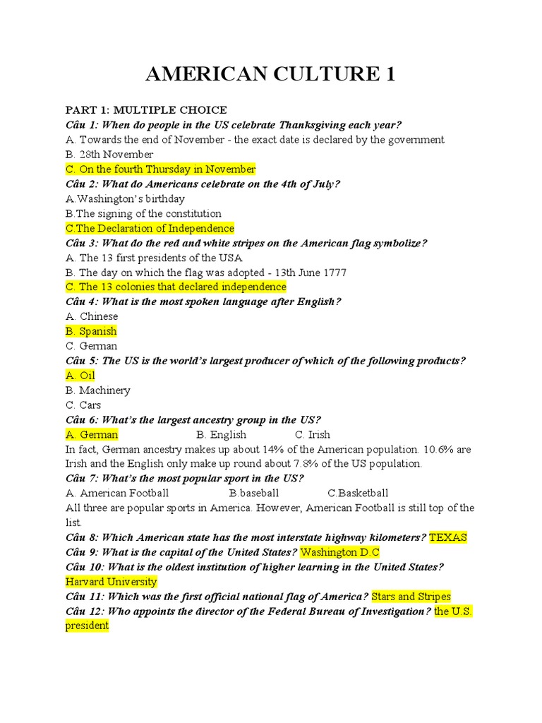 Understanding American Culture Quiz | PDF | United States Congress ...