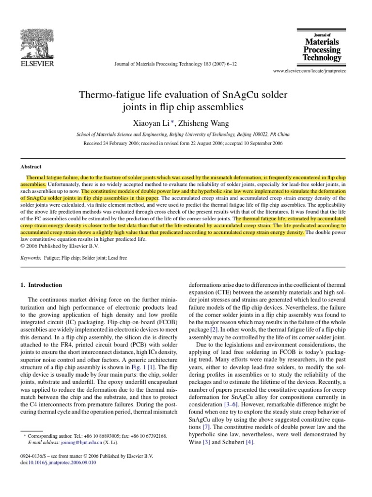 Thermo-Fatigue Life Evaluation of Snagcu Solder Joints in Flip Chip ...