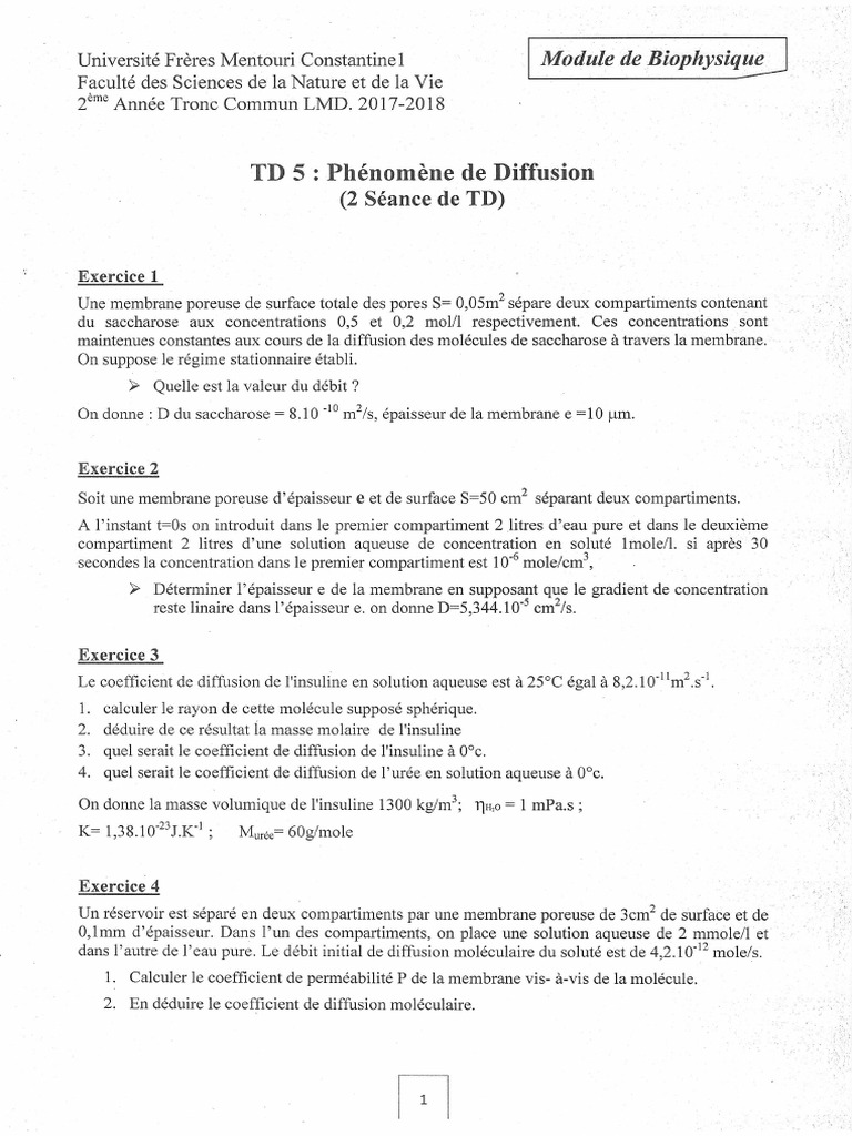 Solution TD1 Phénomène de Diffusion | PDF | Sciences physiques | Métrologie