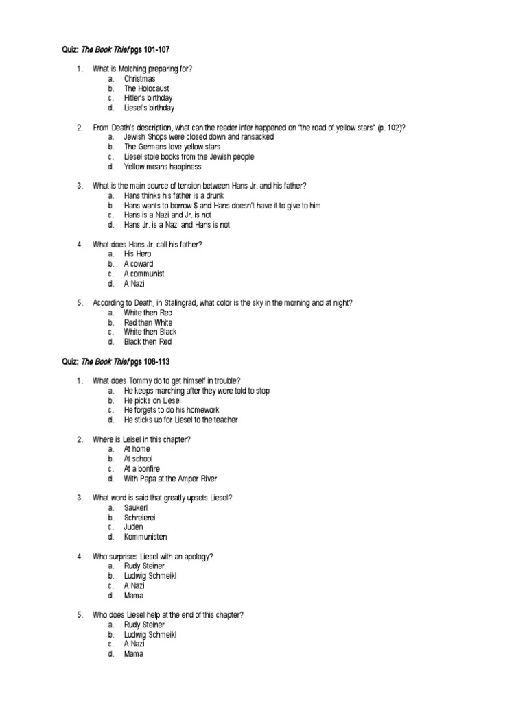 Quiz on The Book Thief: Pages 101-204 | PDF | History | Mystery ...