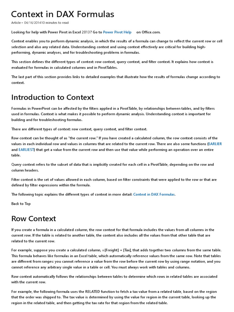 Context in DAX Formulas - Microsoft Learn | PDF | Table (Database) | Function (Mathematics)