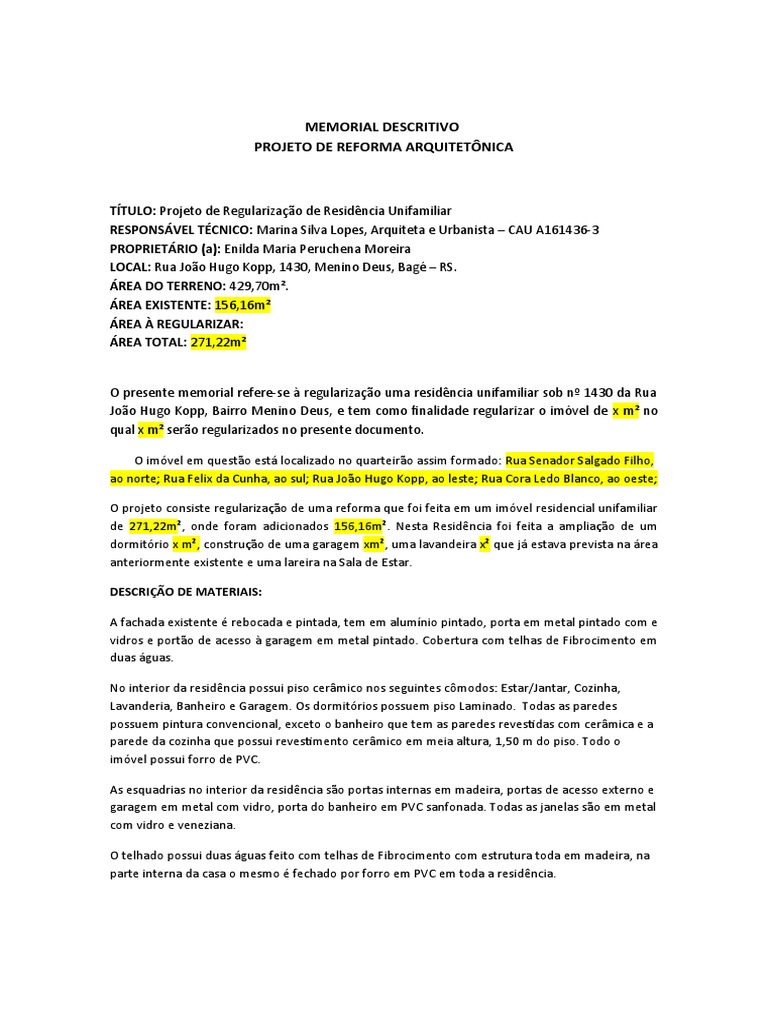 Modelo Memorial Descritivo | PDF