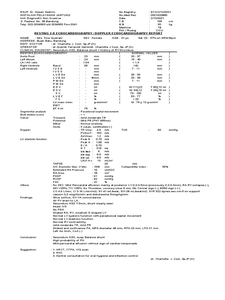 Resting 2-D Echocardiography / Doppler Echocardiography Report | PDF ...