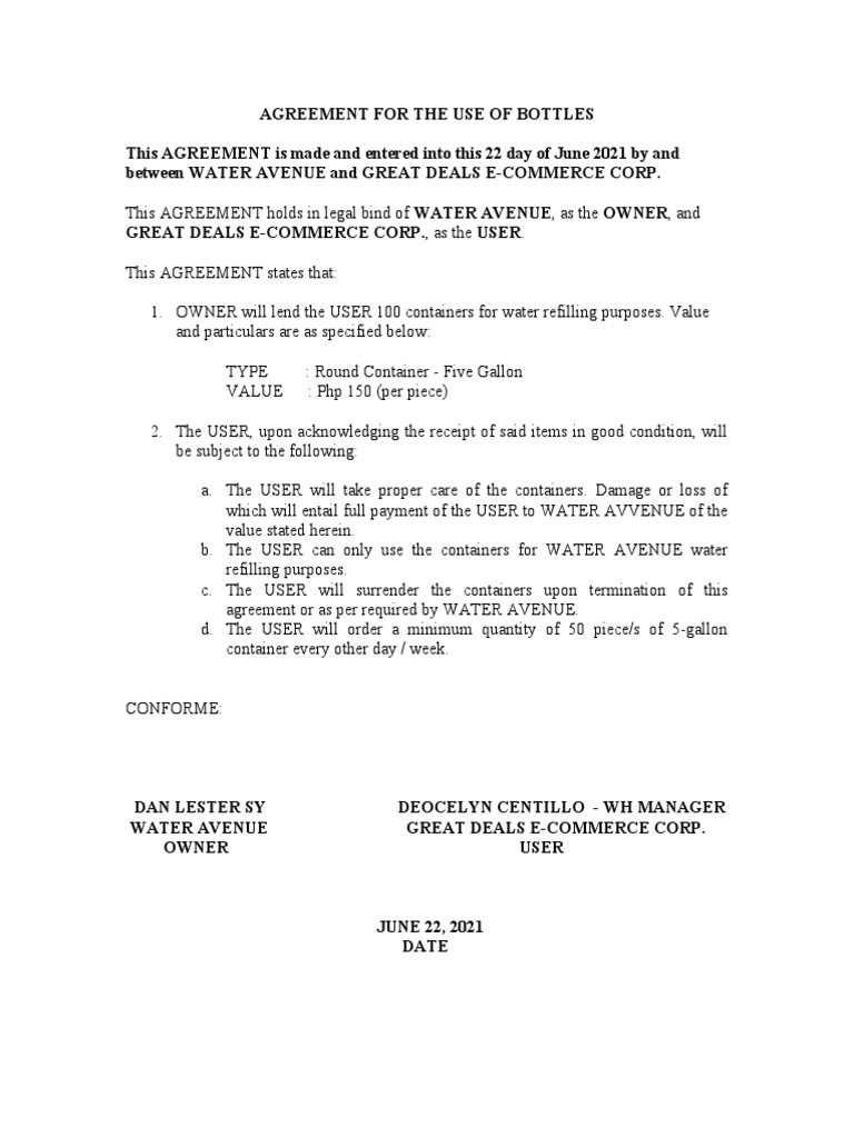 Agreement For The Use of Containers | PDF