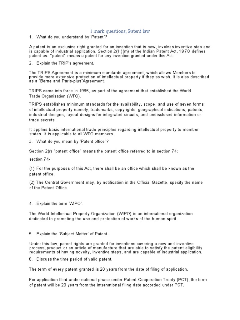 1 Mark Questions, Patent Law | PDF | Patent | Glossary Of Patent Law Terms