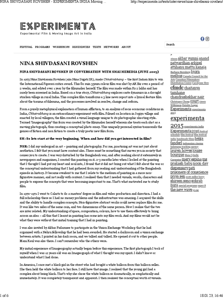 NINA SHIVDASANI ROVSHEN - EXPERIMENTA INDIA Moving Image Art in ...