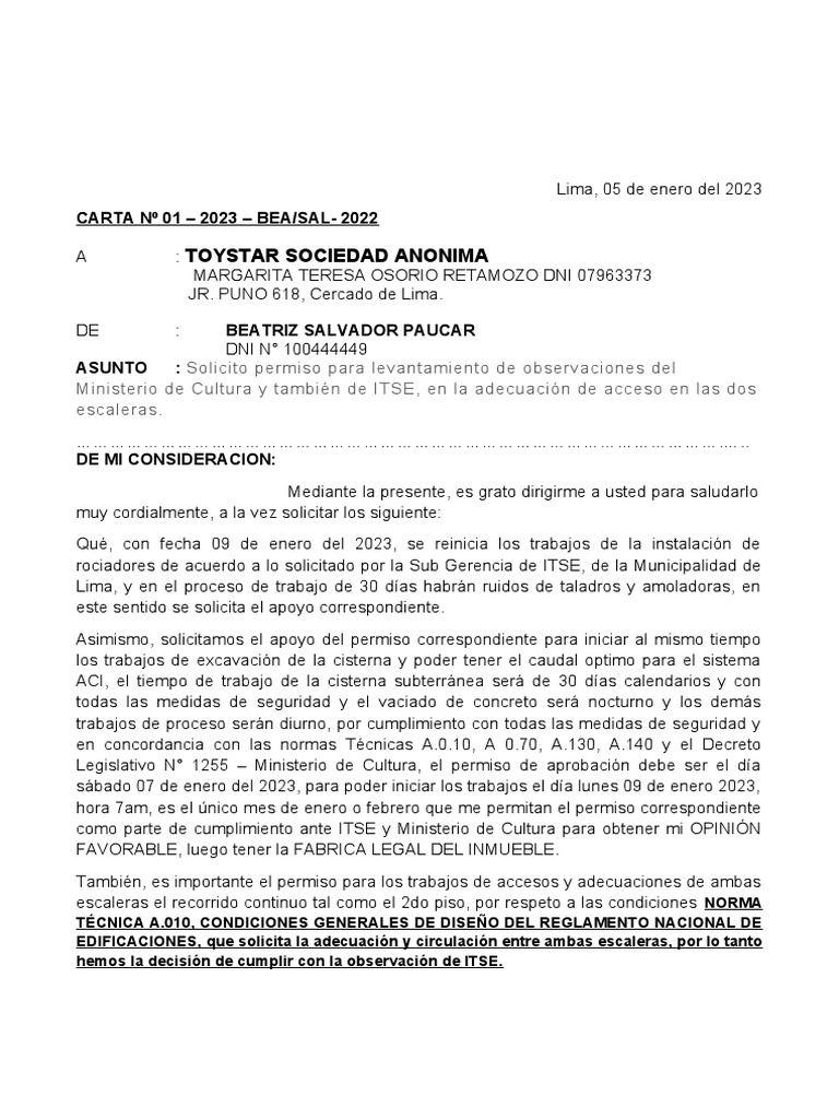 Toystar Sociedad Anonima: CARTA #01 - 2023 - BEA/SAL-2022 | PDF