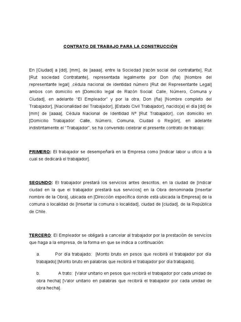 Modelo Contrato de Trabajo para La Construccion | PDF | Tiempo de trabajo | Salario