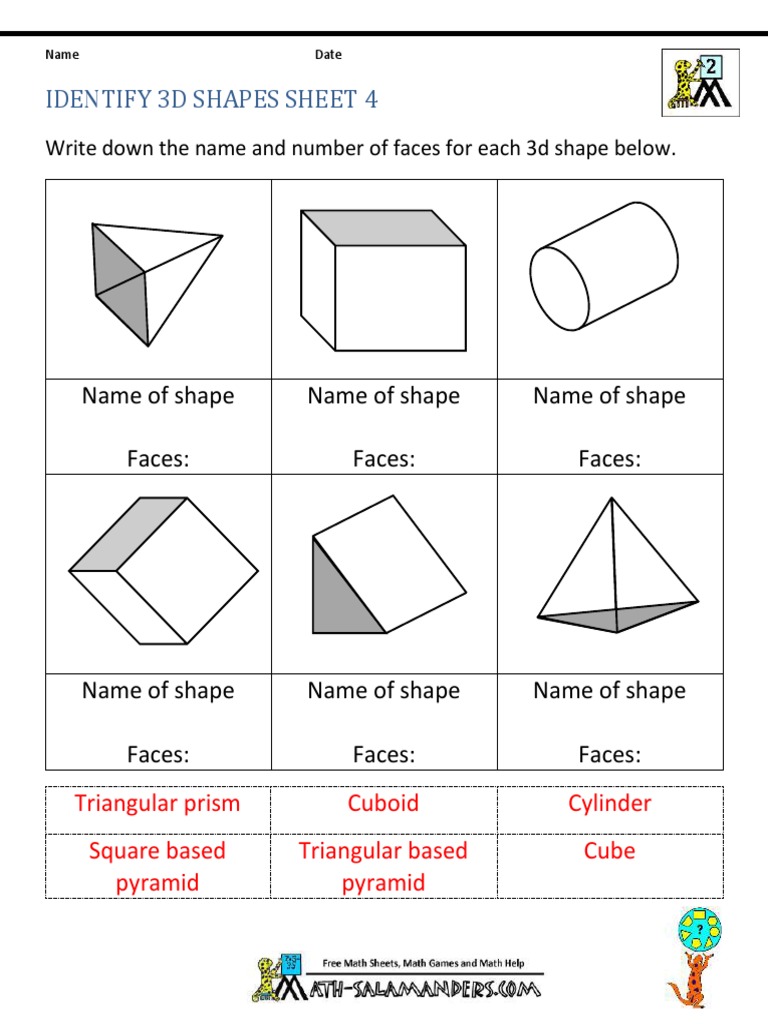 Identify 3D Shapes Sheet 4: Name of Shape Faces: Name of Shape Faces ...