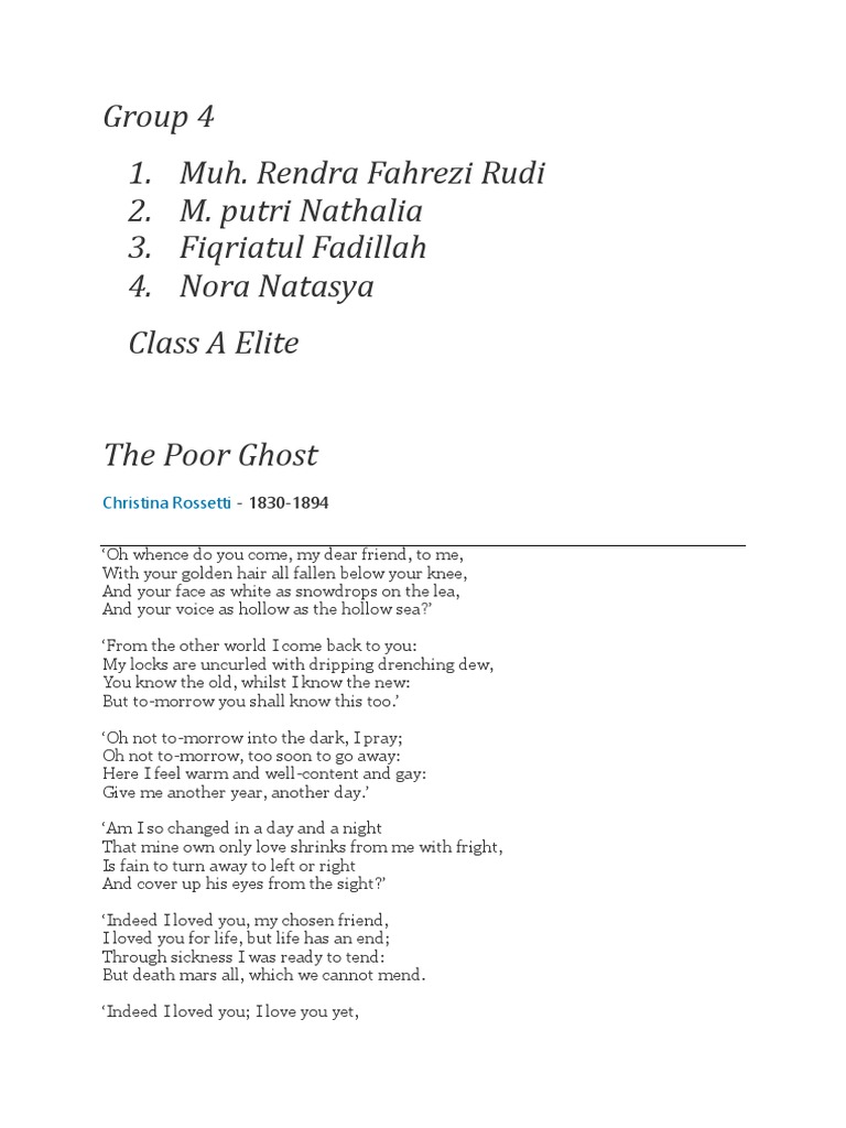 Group 4 - Analysis Poetry (The Poor Ghost) | PDF | Poetry