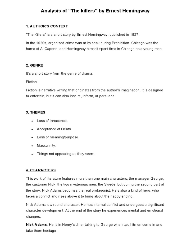 Hemingway's 'The Killers': Analysis of Characters & Themes | PDF