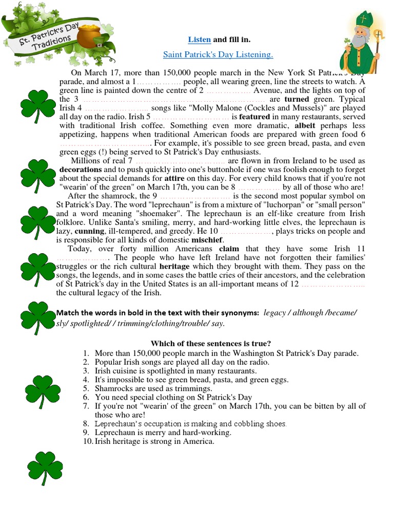 ST Patrick Day Traditions Reading Listening - 148827 | PDF | Leprechaun