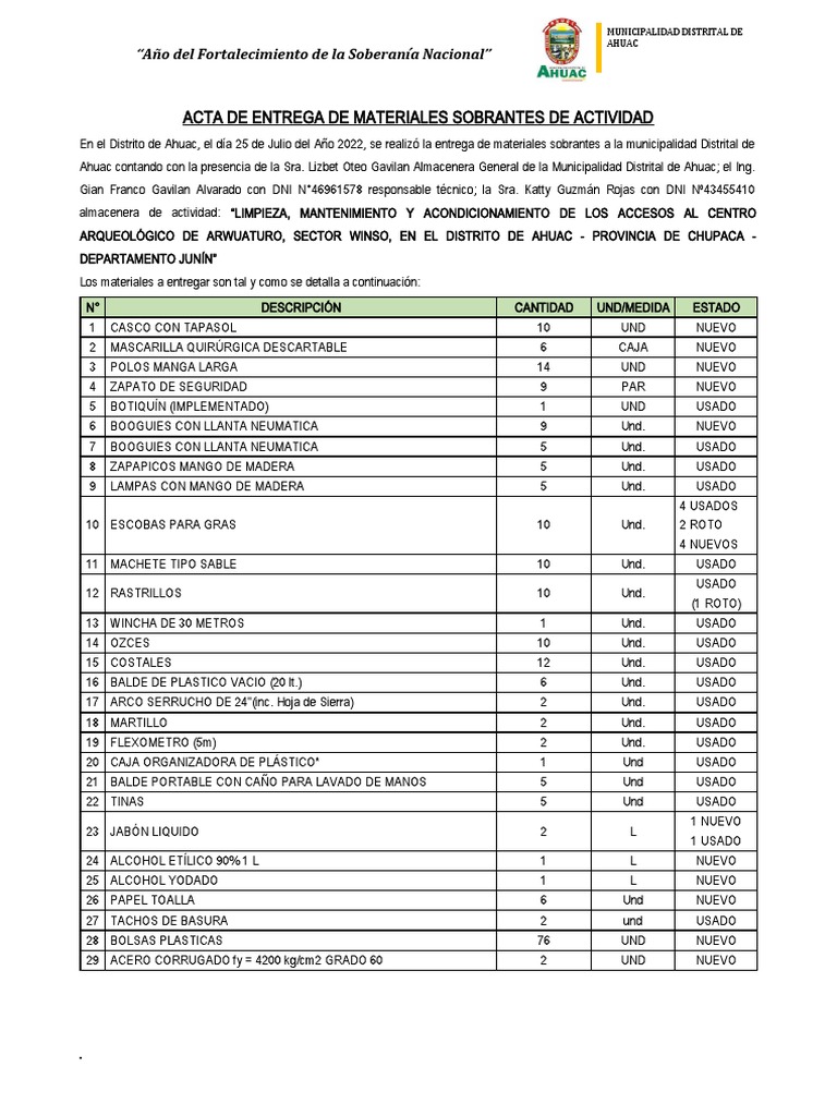 Acta de Entrega de Materiales Sobrantes | PDF
