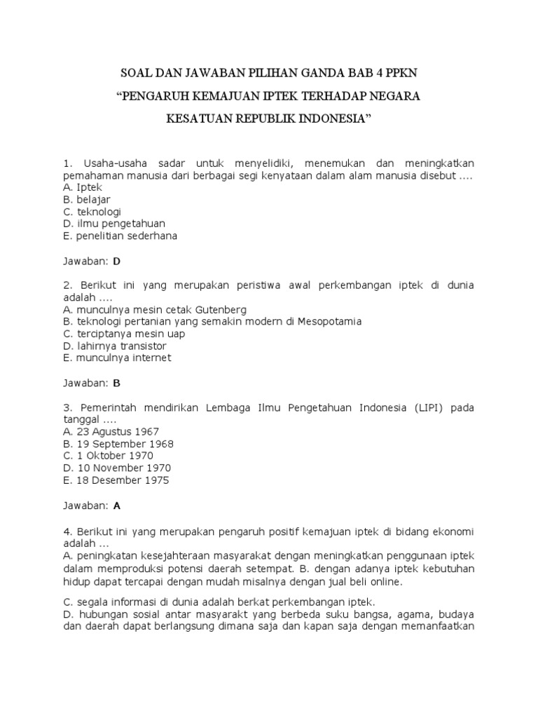 Soal Dan Jawaban Pilihan Ganda Bab 4 PPKN "Pengaruh Kemajuan Iptek Terhadap Negara Kesatuan ...