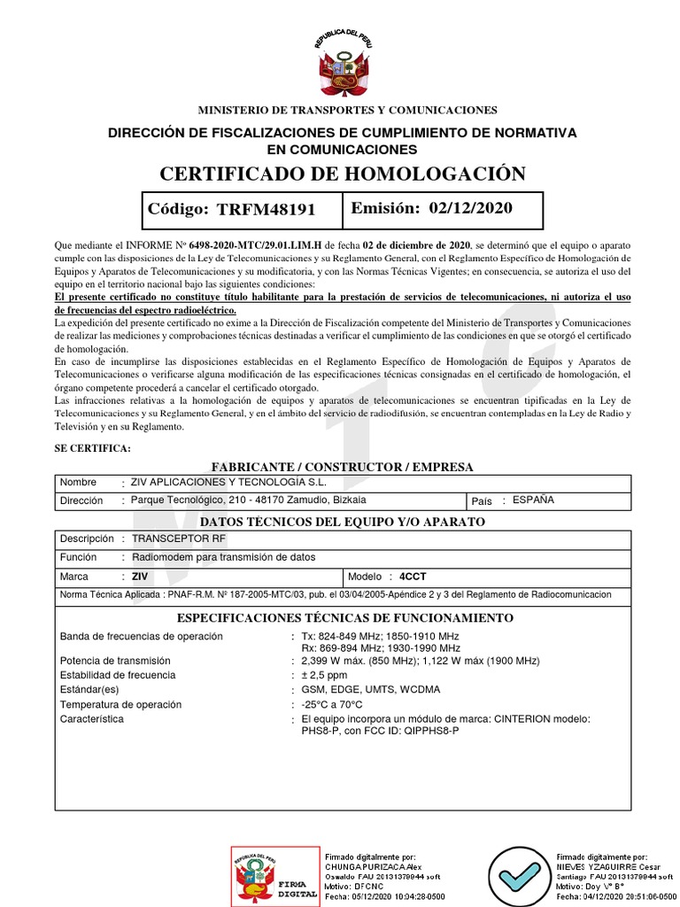 Certificado de Homologación: TRFM48191 Código: 02/12/2020 Emisión | PDF ...