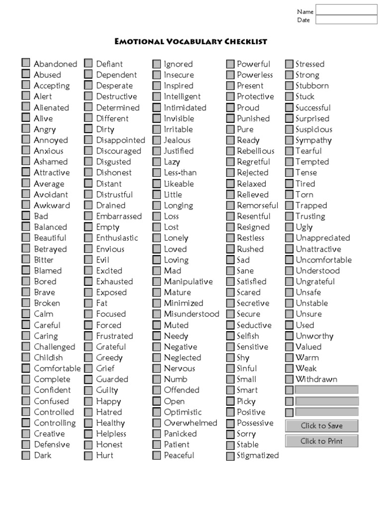 Emotional Vocabulary Checklist | PDF | Psychology | Emotions