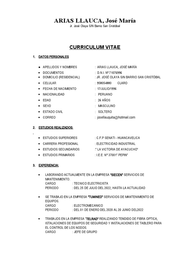 ARIAS LLAUCA, José María: Curriculum Vitae | PDF