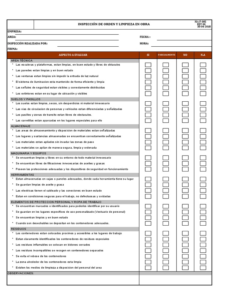 Inspección de Orden Y Limpieza en Obra: Aspecto A Evaluar SI NO N.A | PDF | Residuos