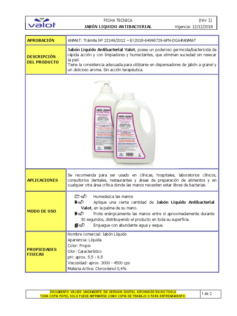 Jabon Liquido Antibacterial - Ficha Tecnica | PDF | Jabón | Líquidos
