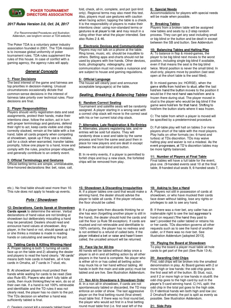 Short PDF 2017 Poker TDA Short Form Rules Version 3.0 Final | PDF ...