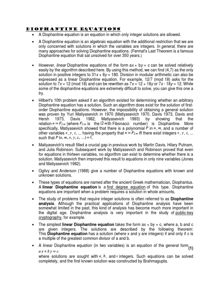 Diophantine Equations Pdf Equations Mathematics