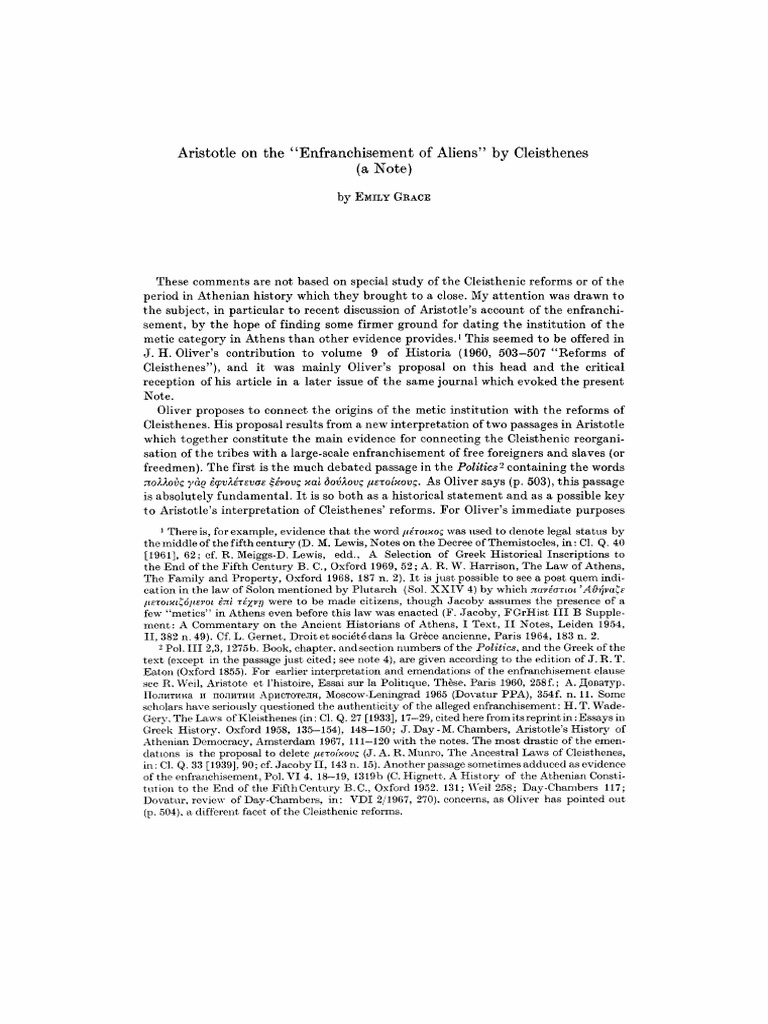 Aristotle On The "Enfranchisement of Aliens" by Cleisthenes (A Note) | Download Free PDF ...