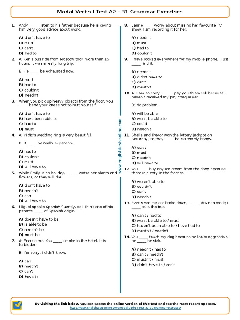 Modal Verbs Test A2-B1 Level | PDF