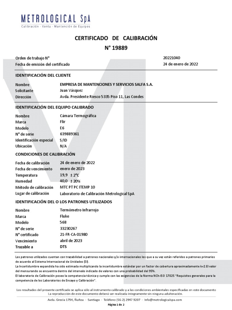 ITEM 15 - Certificado de Calibración #19889 CÁMARA TÉRMOGRAFICA FLIR ...