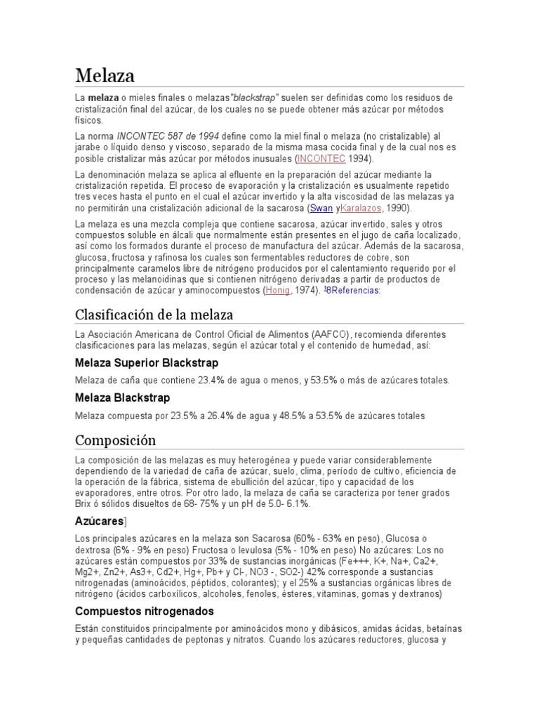 Melaza Especificaciones | PDF | Melaza | Sustancias químicas