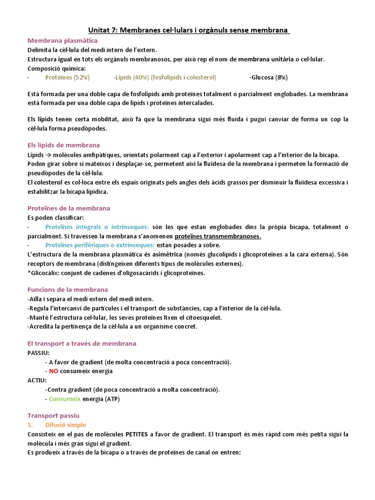 Unitat 7: Membranes Cel Lulars I Orgànuls Sense Membrana | PDF