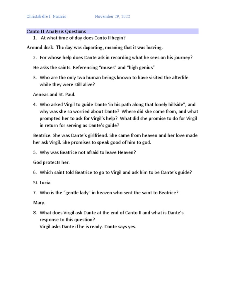 Canto II Questions | PDF
