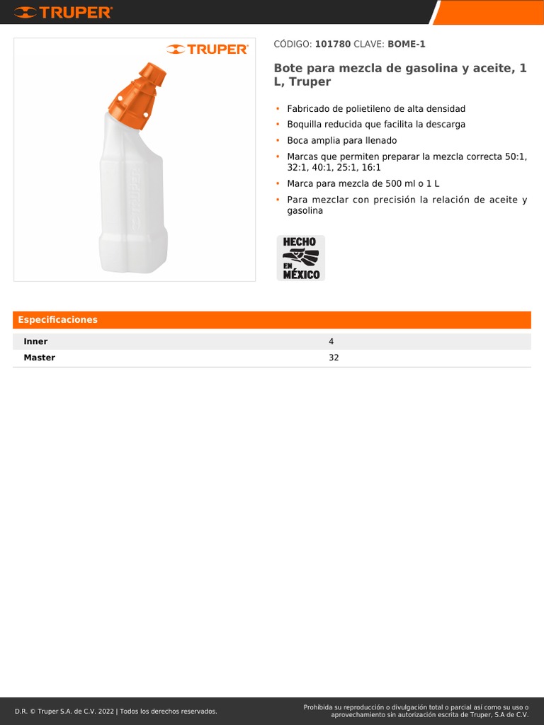 Bote para Mezcla de Gasolina y Aceite, 1 L, Truper: CÓDIGO: 101780 CLAVE: BOME-1 | PDF